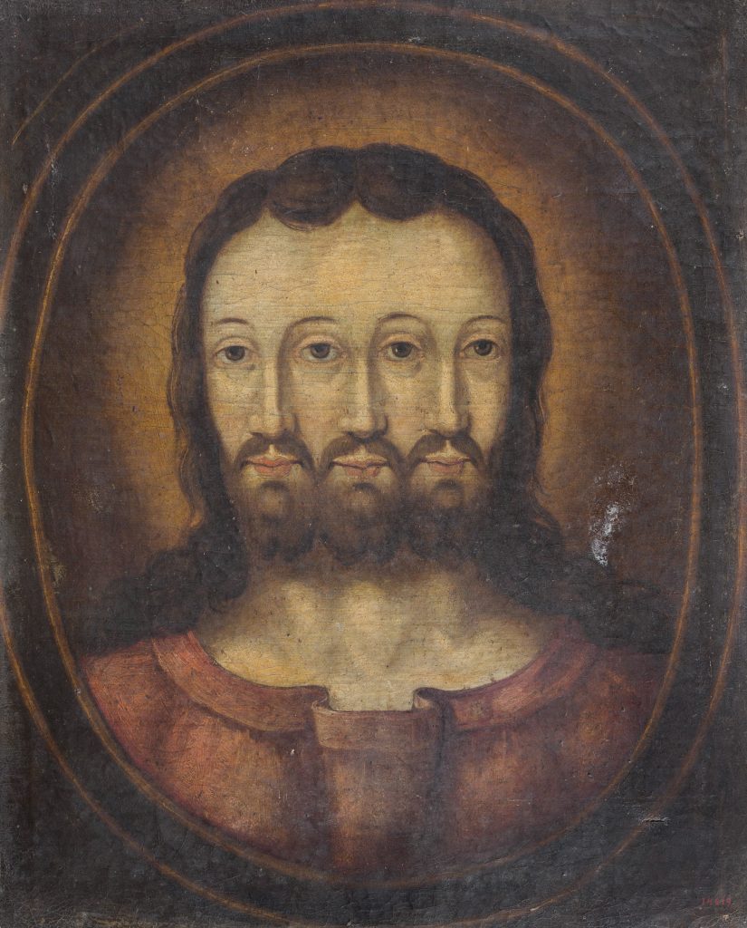 Images of the Trinity as a man with three heads or with three faces is ...